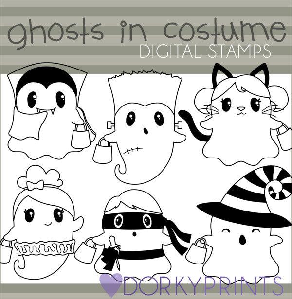 Ghosts in Costume Black Line Halloween Clipart – Dorky Doodles