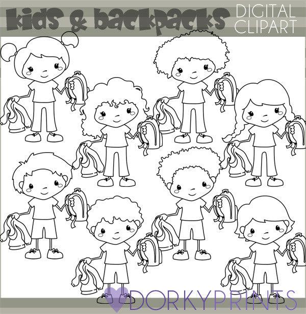 Blackline Backpack Kids School Clipart – Dorky Doodles