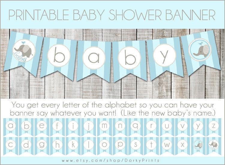 Blue Elephant Banner Baby Shower Printables – Dorky Doodles