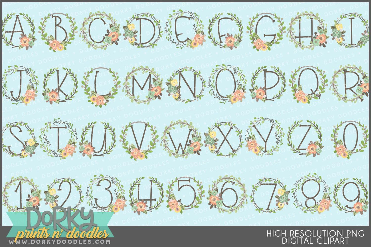 Farmhouse Wreath Alphabet Clipart – Dorky Doodles