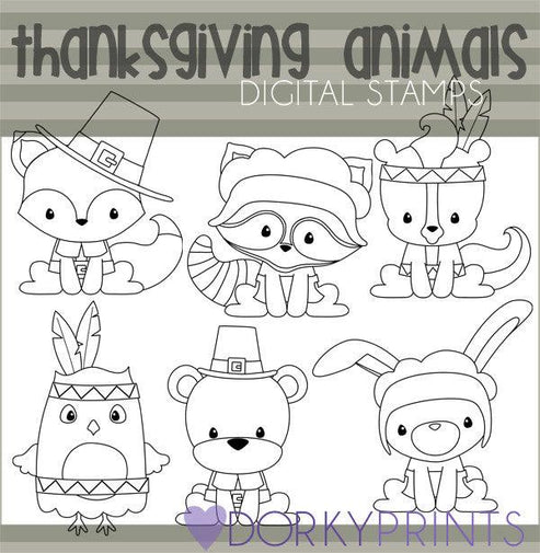 Pilgrim Animals Black Line Thanksgiving Clipart – Dorky Doodles
