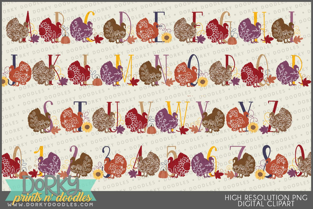 Thanksgiving Turkeys Alphabet Clipart – Dorky Doodles
