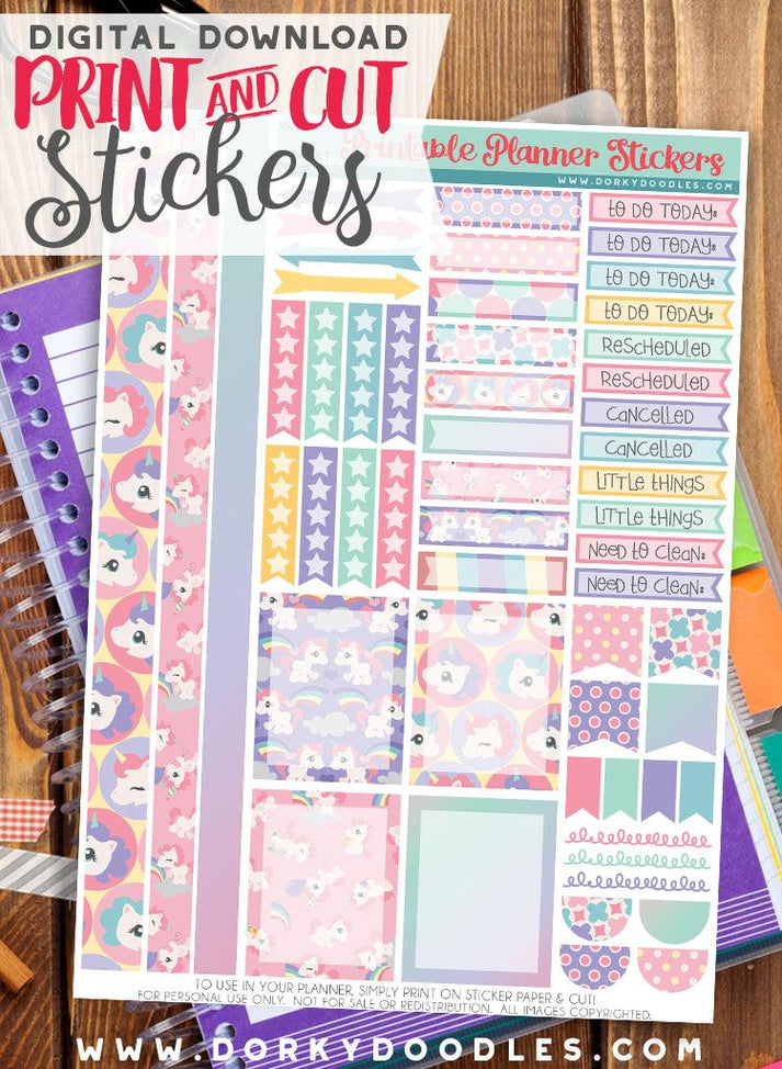 Unicorn Header Print and Cut Planner Stickers – Dorky Doodles