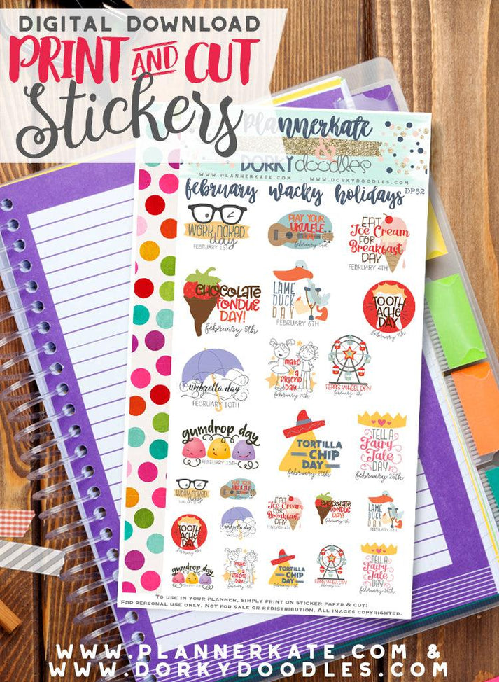 Wacky February Print and Cut Planner Stickers – Dorky Doodles